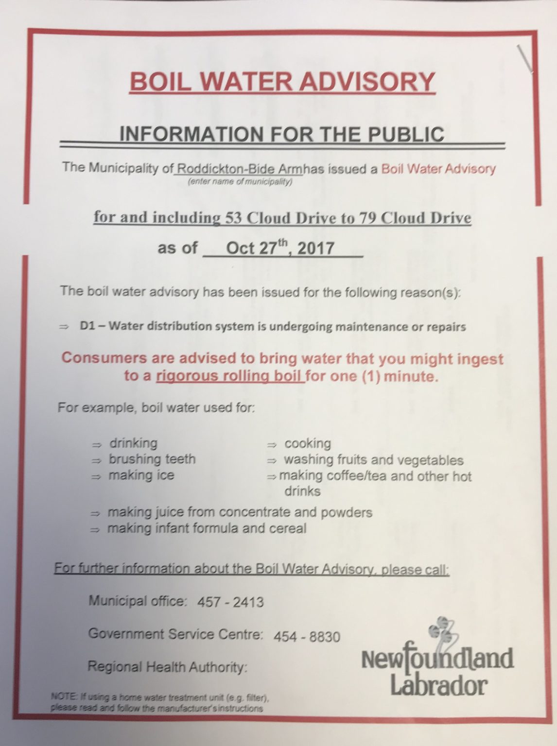 Water Shut Off and Boil Order Notice – Town of Roddickton-Bide Arm